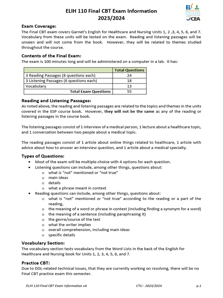ELIH 110 Final CBT Exam Information for Teachers and Students 2023-24 ...