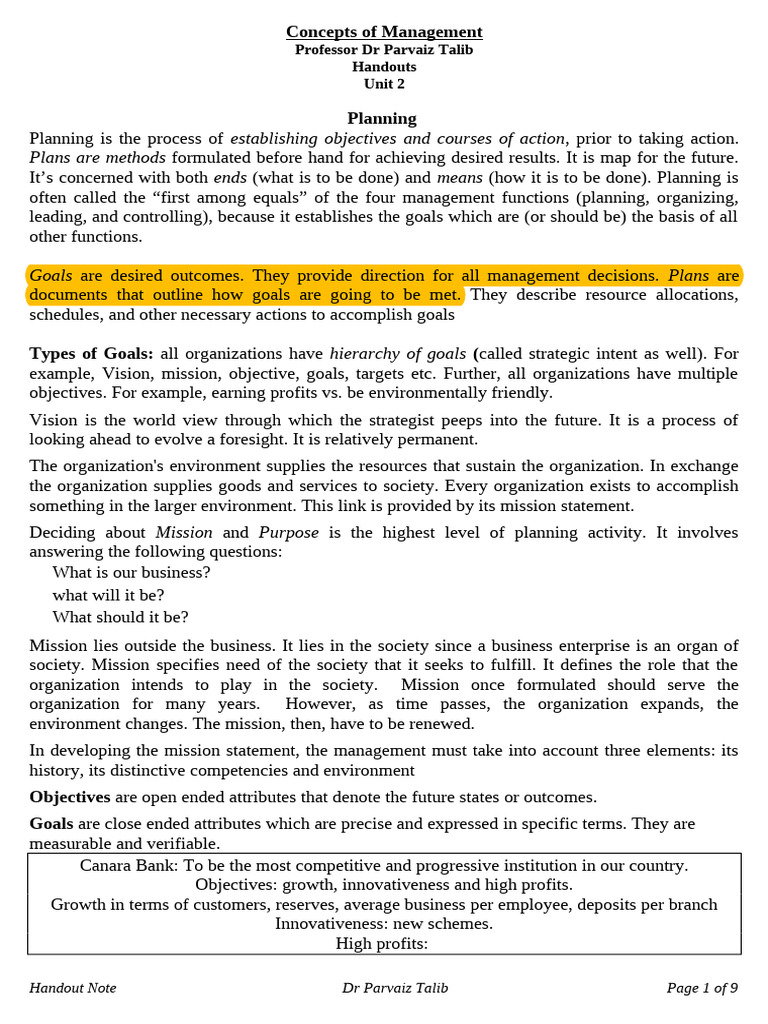 Concept of Management - Unit 2 Handout | PDF | Goal | Planning