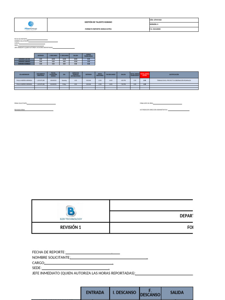 GTH-R-010 Formato Reporte Horas Extra | PDF