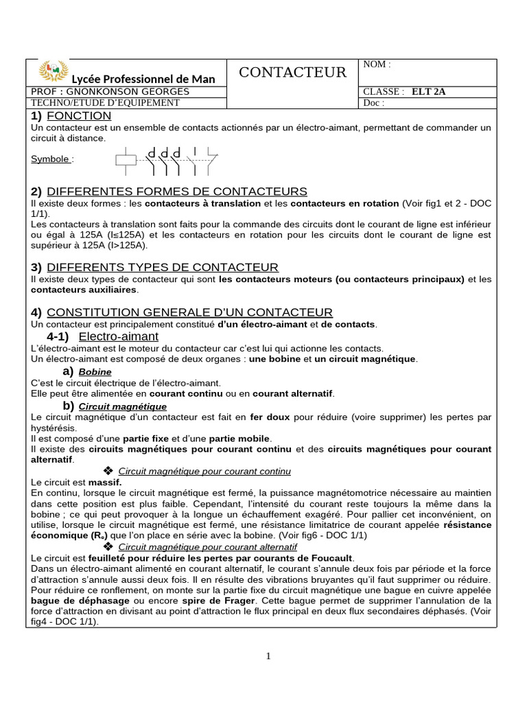 Types et fonctionnement des contacteurs | PDF | Inducteur | Équipements ...