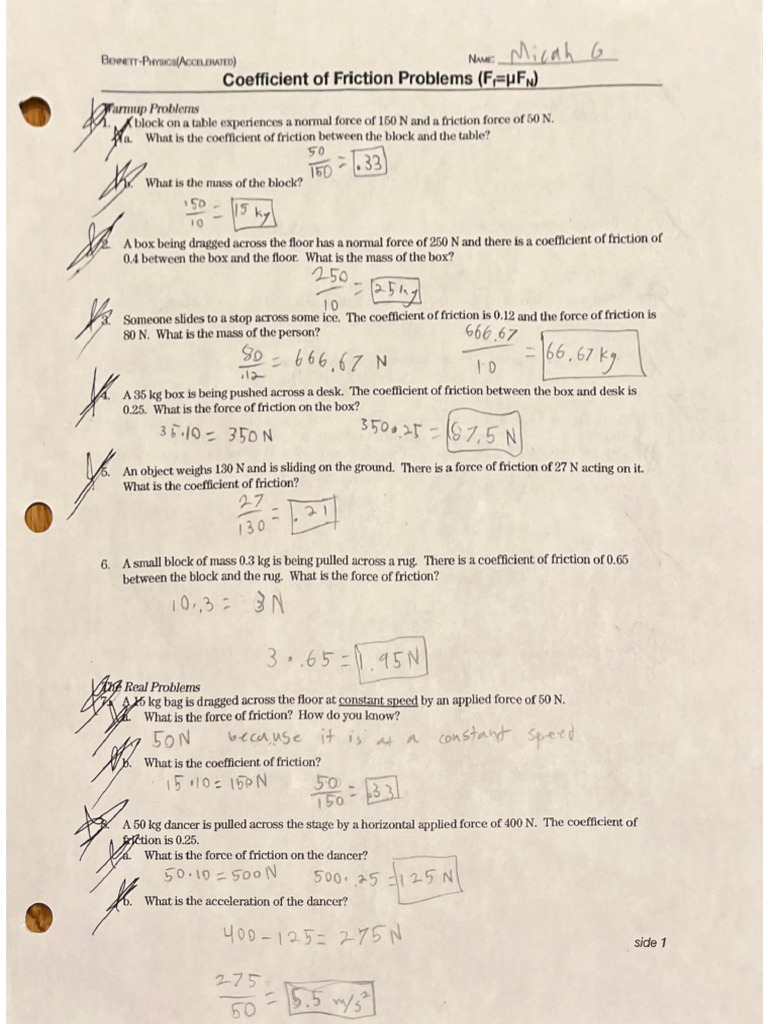 Coefficient of Friction Problems Micah Goodman | PDF