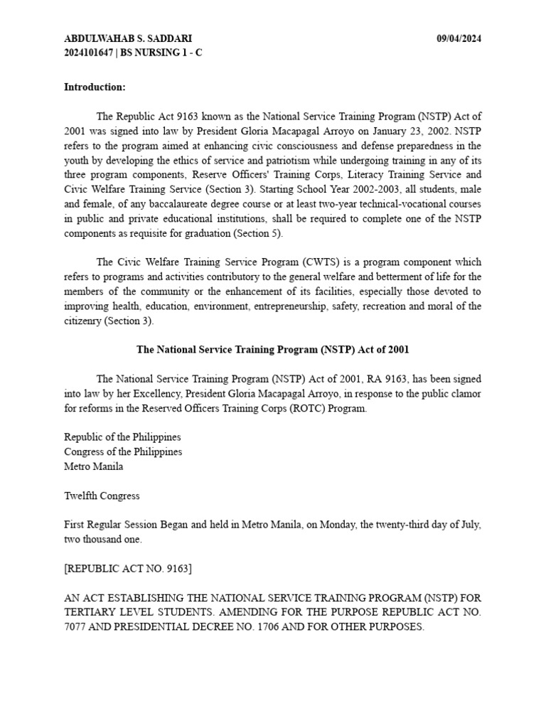 NSTP-CWTS Activity 1 | PDF