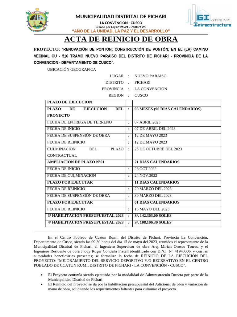 Acta de Reinicio de Obra 04 - Ccatun Rumi | PDF