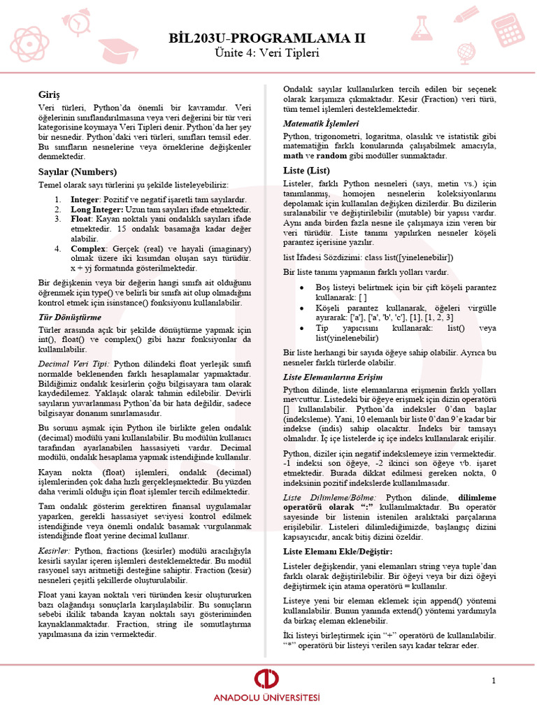 Bil203U-Programlama Ii: Ünite 4: Veri Tipleri | PDF