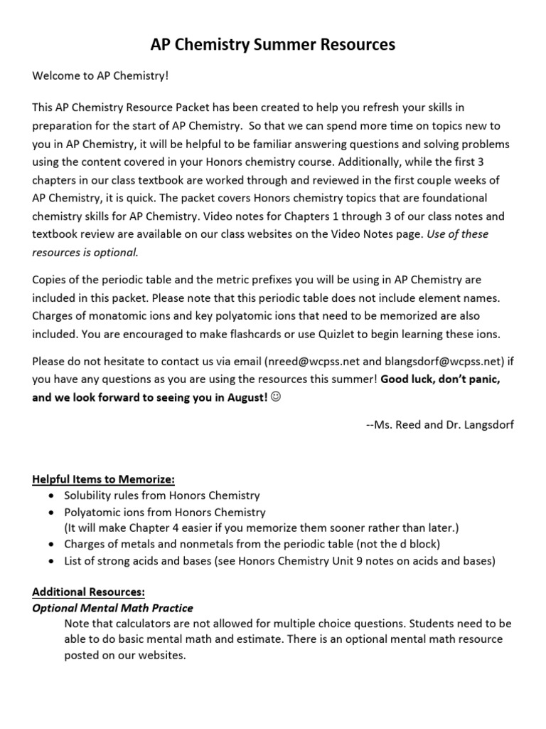 AP Chemistry Summer Resources | PDF | Isotope | Proton