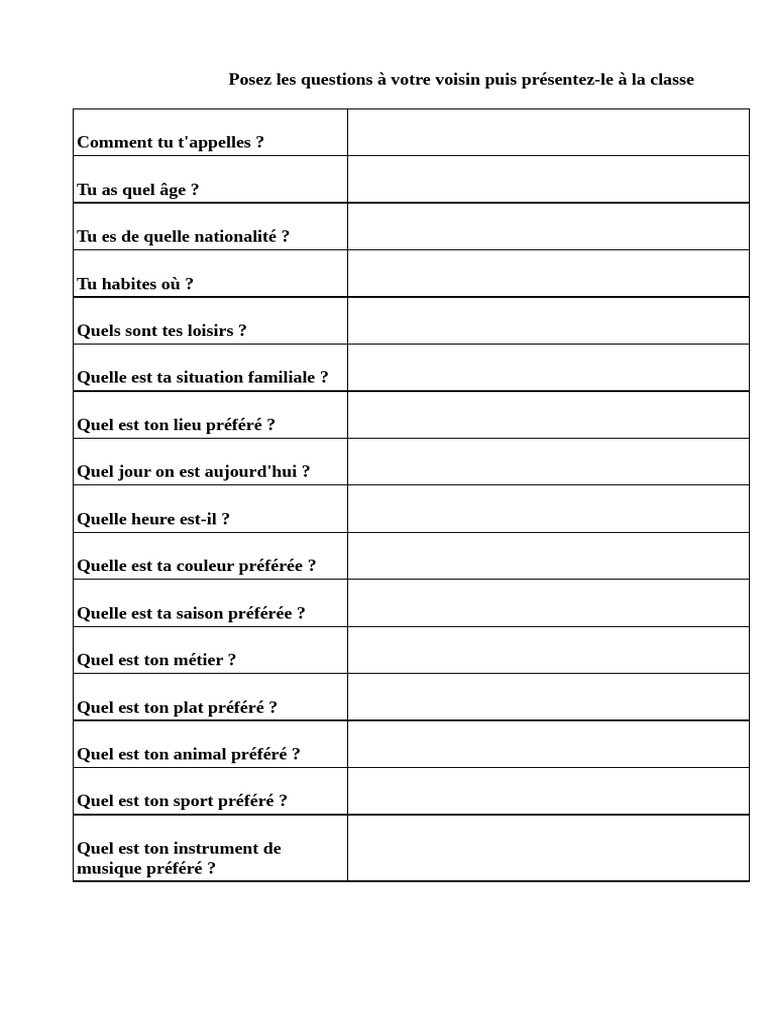 Questions pour se présenter en classe | PDF