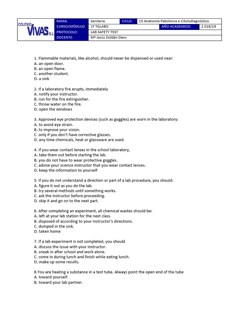 Lab Safety TEST | PDF | Laboratories