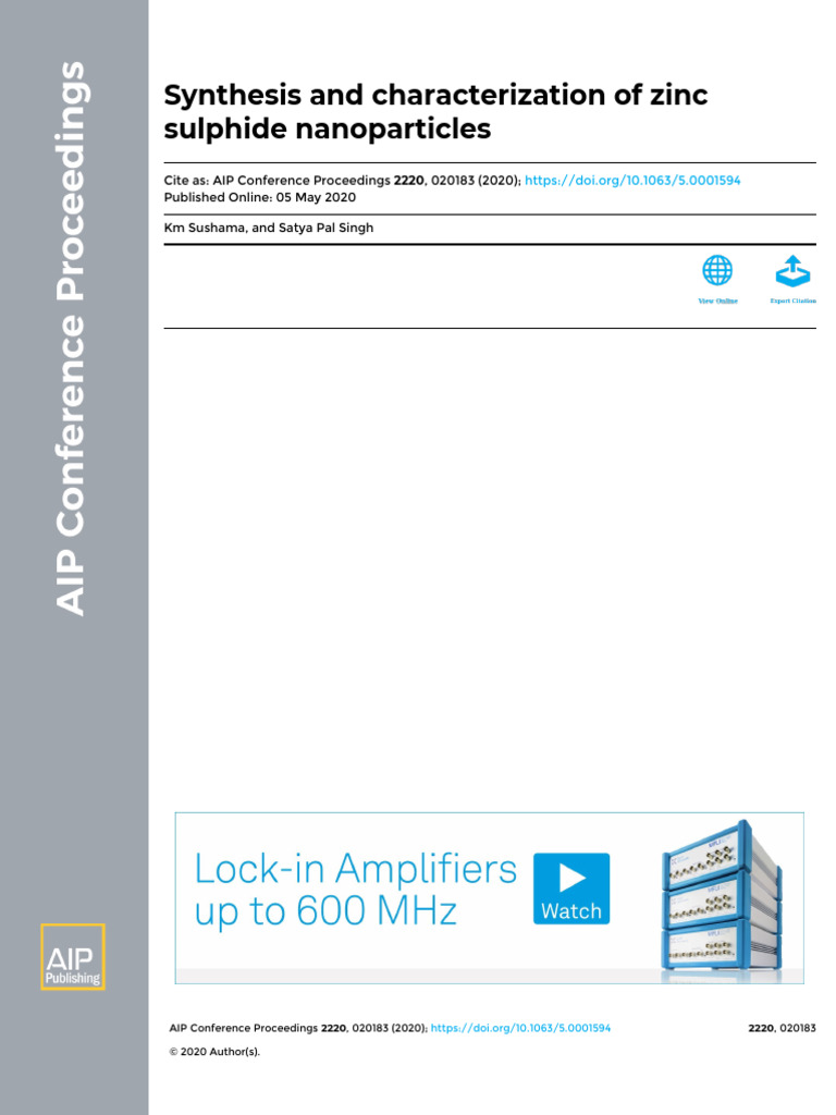 Synthesis and Caracterization of Zinc Sulfide Nanoparticles | PDF