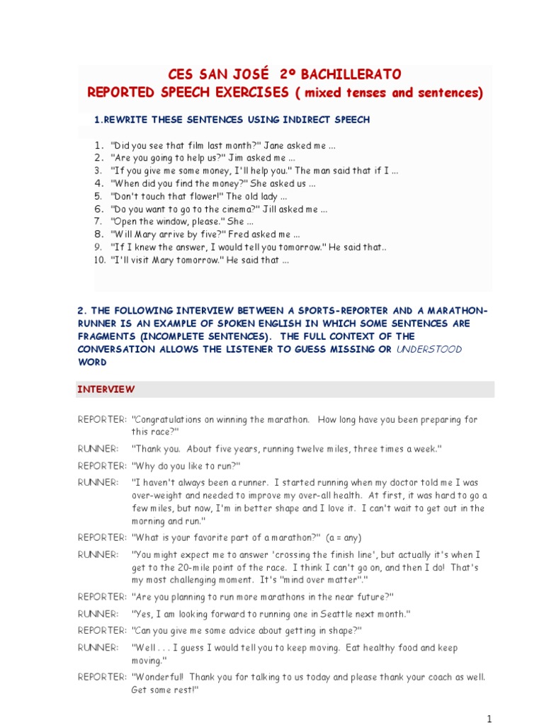 A Detailed Report: Indirect Speech Exercises on Various Topics from a ...