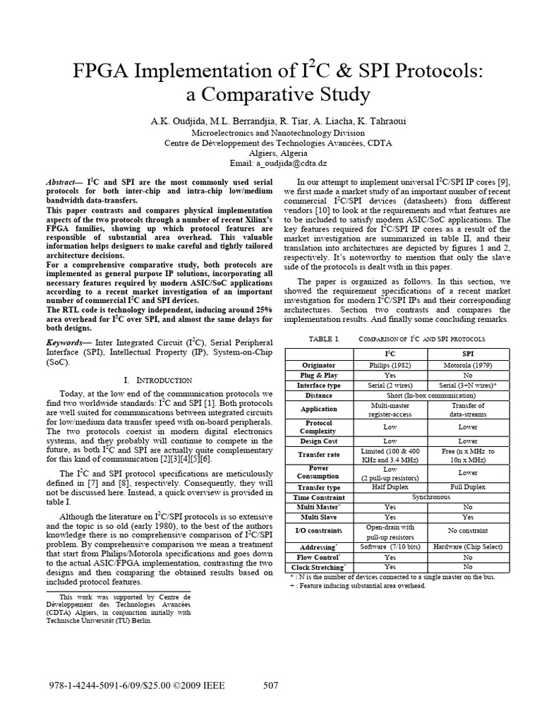 FPGA Implementation of I2C & SPI Protocols A Comparative Study | PDF | Field Programmable Gate ...