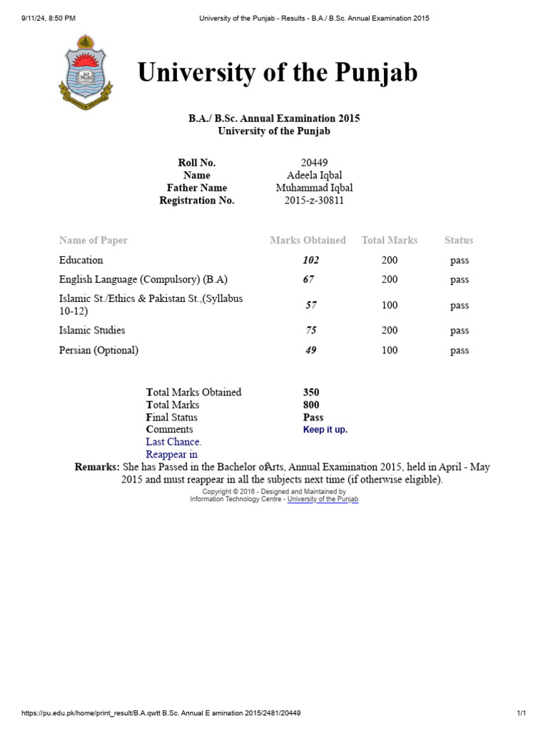 University of The Punjab - Results - B.A. - B.sc. Annual Examination ...