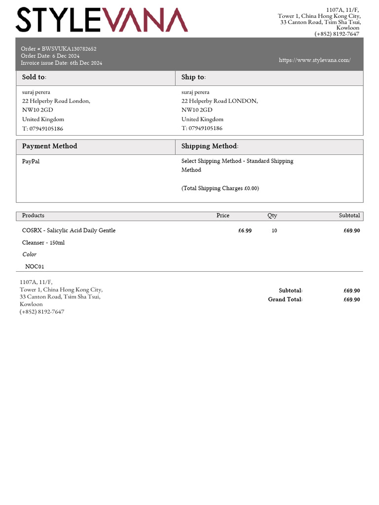 Stylevana Invoice for COSRX Order | PDF