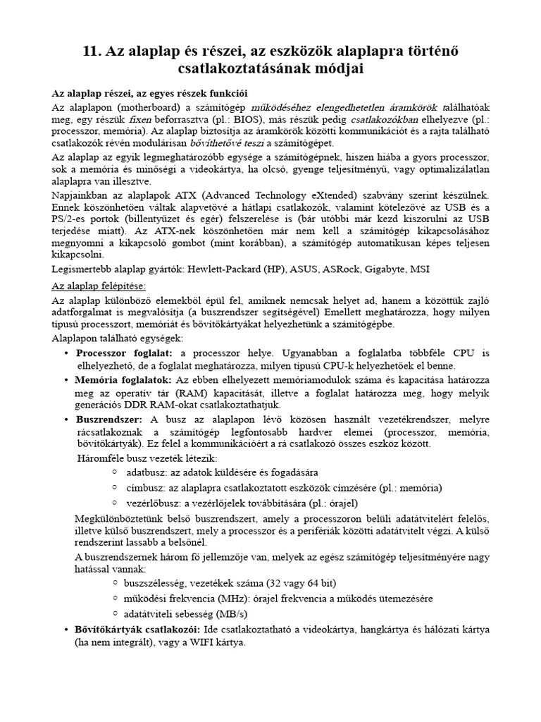 Az Alaplap És Részei, Az Eszközök Alaplapra Történő Csatlakoztatásának ...