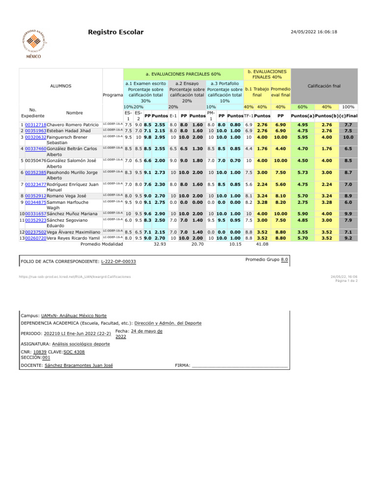 Reporte de Calificaciones análisis sociológico 2022-2 | PDF