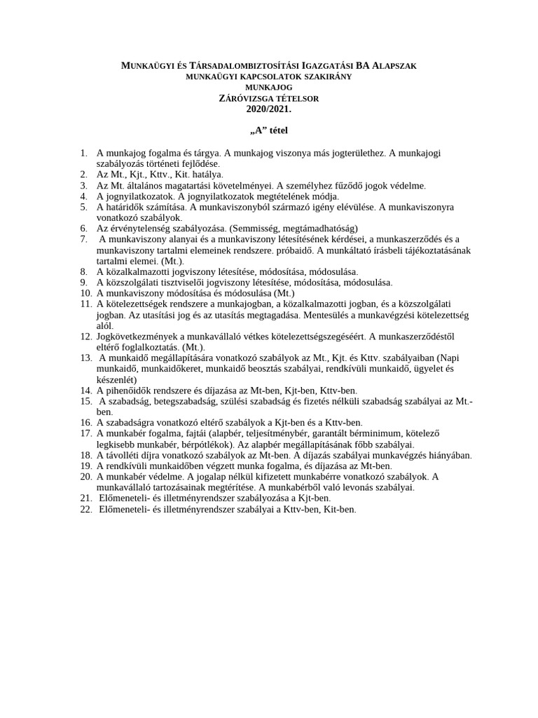 Záróv Tétel Munkajog MT 2020 2021 | PDF