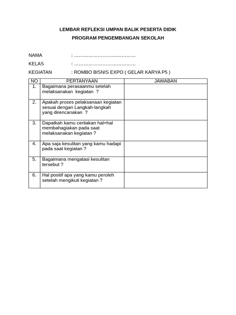 Lembar Refleksi Umpan Balik Peserta Didik | PDF