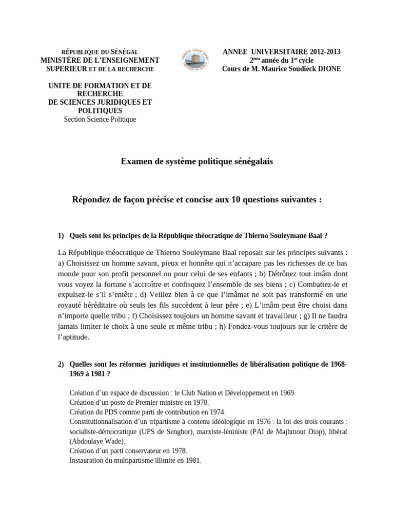 Corrigé Système Politique Sénégalais-1 | PDF | Vote | Élections