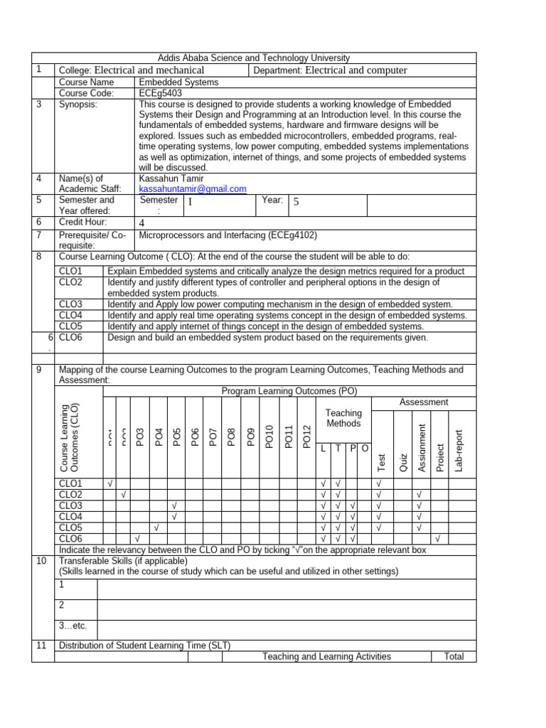 course outline | PDF | Embedded System | Operating System