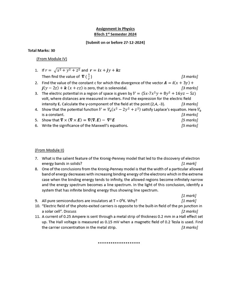 Physics Assignment for BTech 1st Semester | PDF | Magnetic Field ...