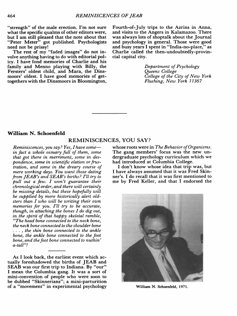 Reminiscences, You Say. William N. Schoenfeld | PDF | Science | Behaviorism