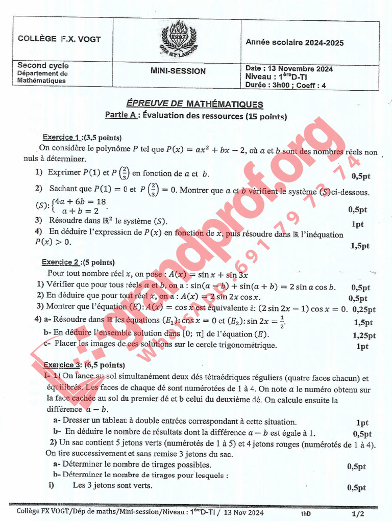 Maths 1ered Probatoire Blanc College Vogt Novembre 2024 | PDF