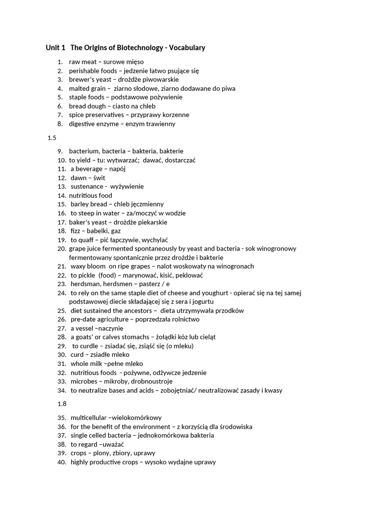 U 1 The Origins of Biotechnology - Vocab - List | PDF