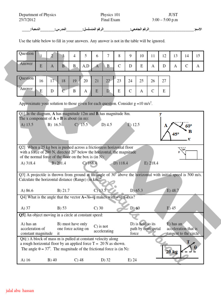 Physics 101 Final Exam Solutions | PDF | Acceleration | Force