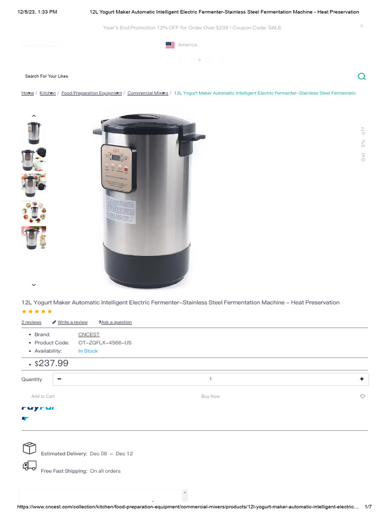 12L Yogurt Maker Automatic Intelligent Electric Fermenter-Stainless ...