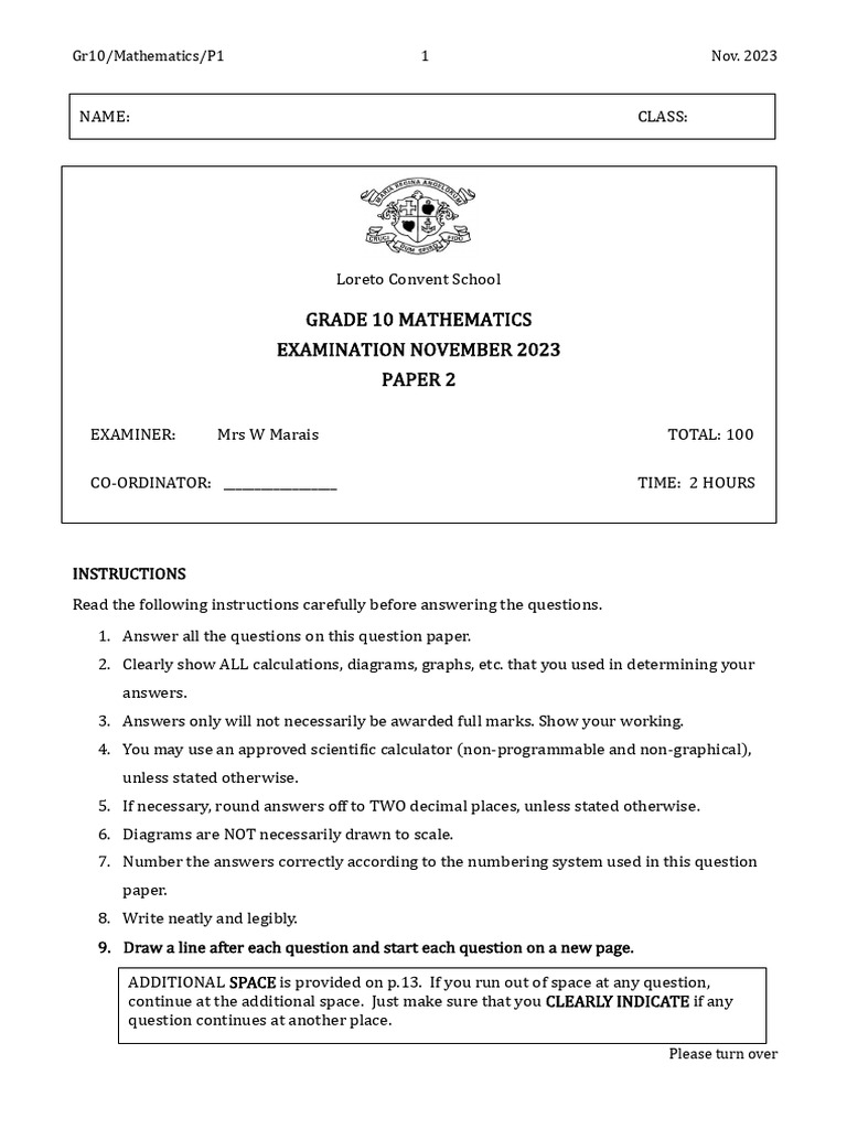 Gr10_ExamP2_Nov2023 | PDF | Mathematics