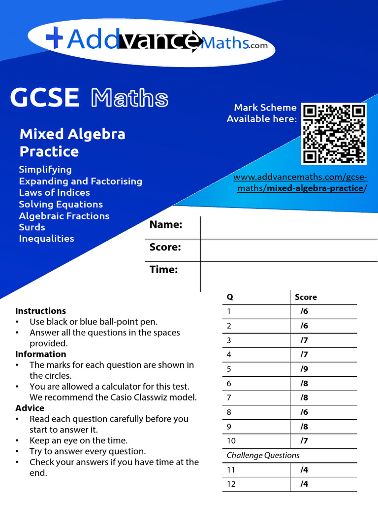 GCSE Mixed Algebra Practice Test | PDF | Factorization | Algebra