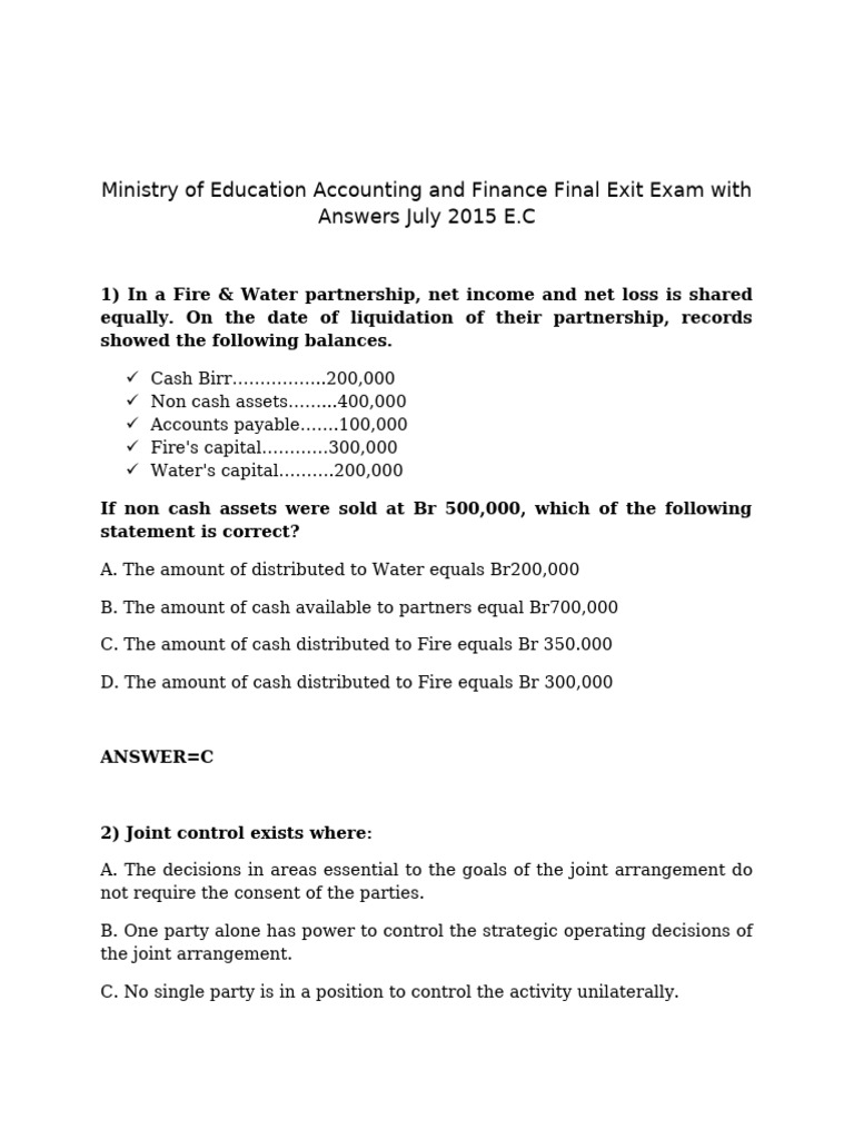 Ministry of Education Accounting and Finance Final Exit Exam With | PDF ...
