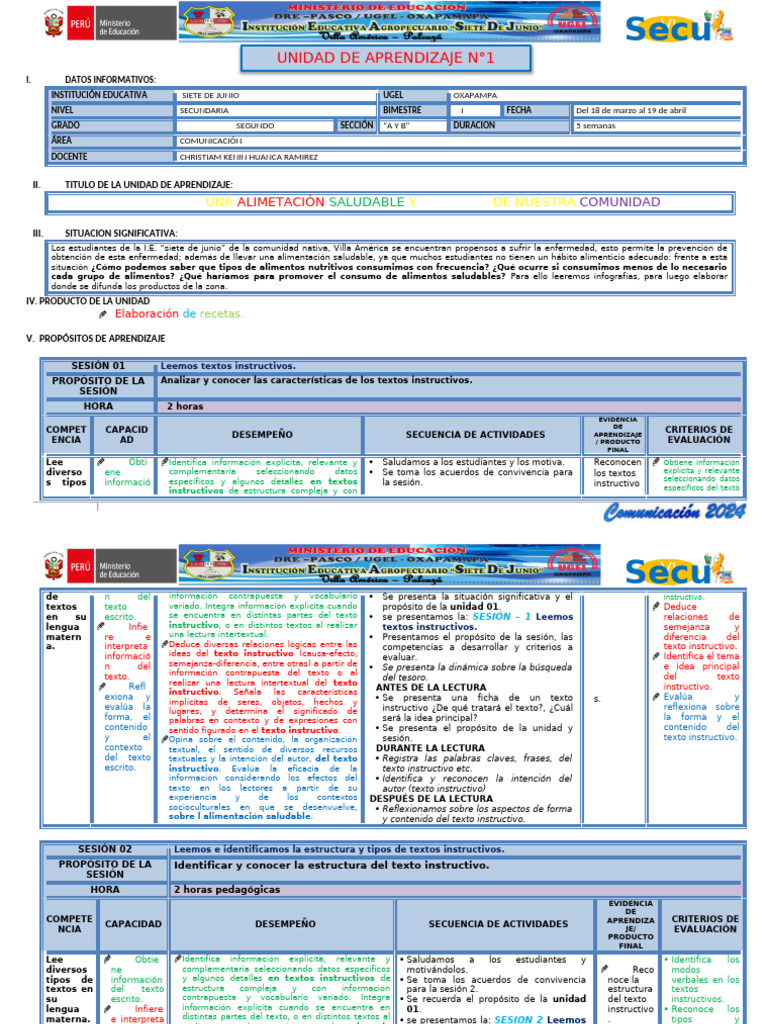 Unidad - de - Aprendizaje - # - 01 - Segundo - Listo | PDF | Aprendizaje | Léxico