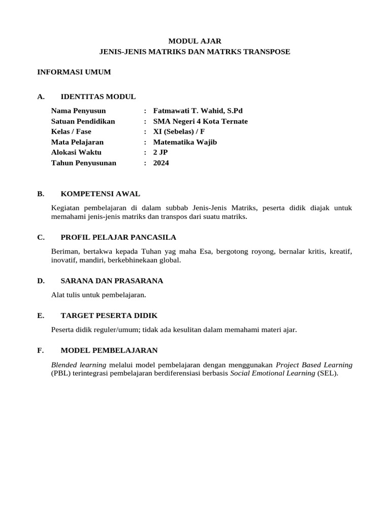Modul Jenis-jenis Matriks Dan Matriks Transpose | PDF Modul Jenis-jenis Matriks Dan Matriks Transpose | PDF