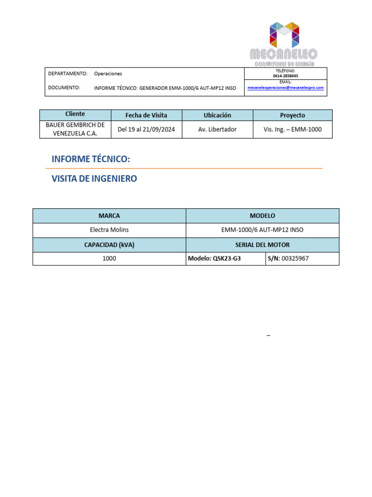 Informe Técnico Generador EMM-1000/6 | PDF | Inyección de combustible ...