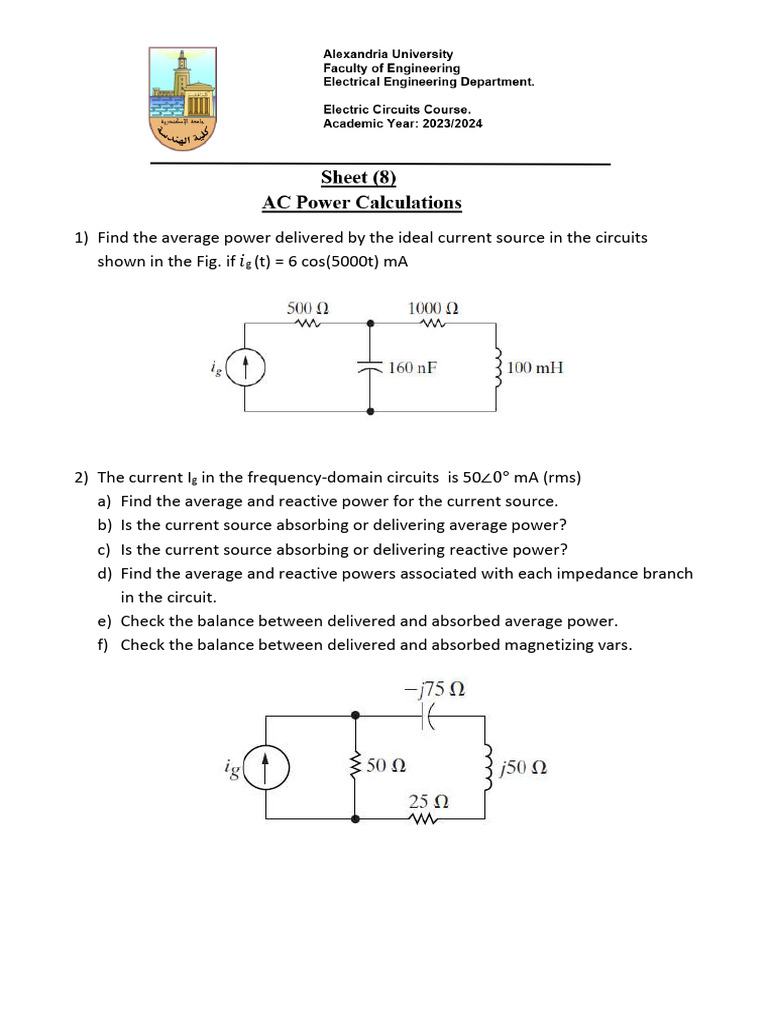 Sheet 8 - AC Power Calculations | PDF