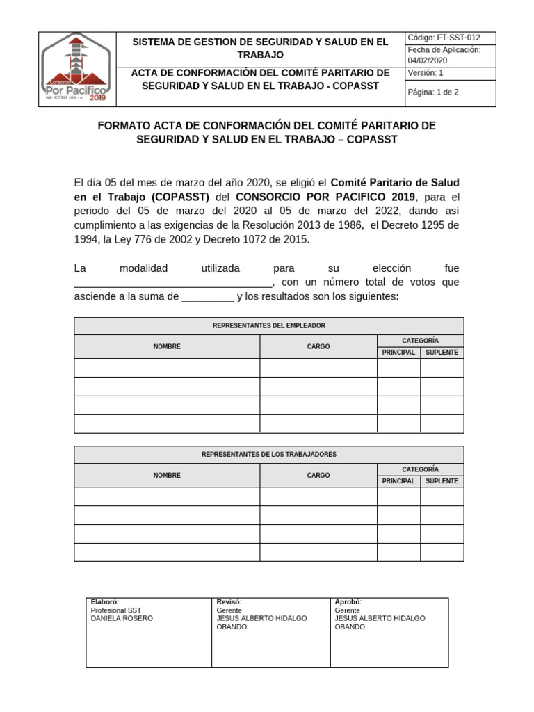 FT-SST-012 Formato de Acta de Conformación Del COPASST | PDF | Gobierno