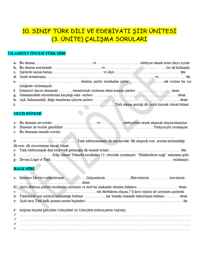 10.sinif Turk Dili Ve Edebiyati 3.unite Siir Calisma Sorulari Cevapli | PDF