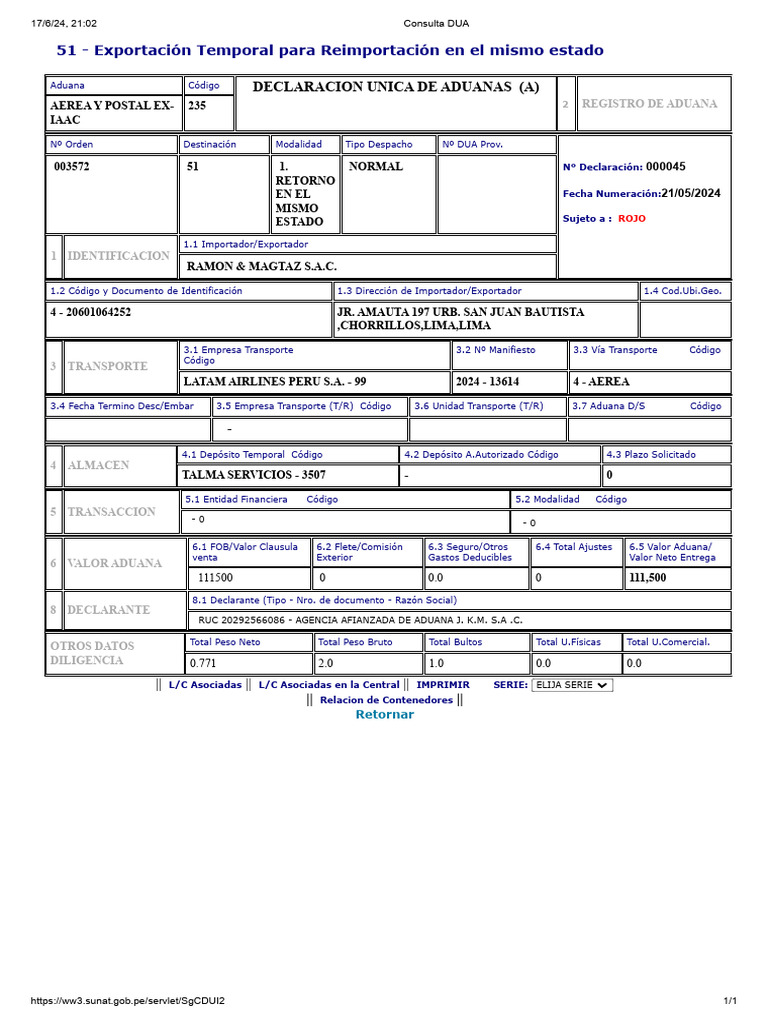 Declaracion Unica de Aduanas (A) : 51 - Exportación Temporal para Reimportación en El Mismo ...