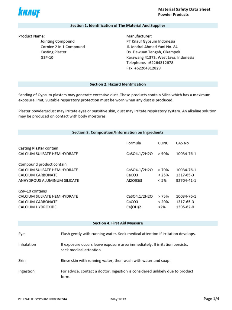 Knauf Gypsum Indonesia Safety Data Sheet | PDF | Plaster | Gypsum