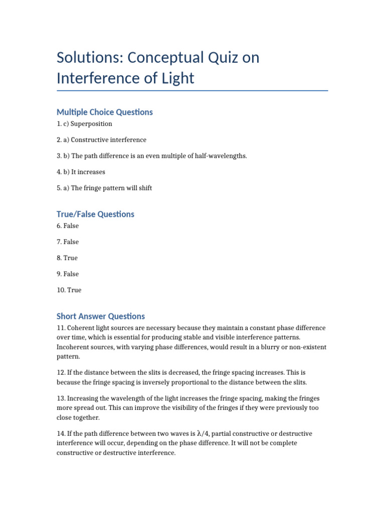 Interference of Light Solutions | PDF