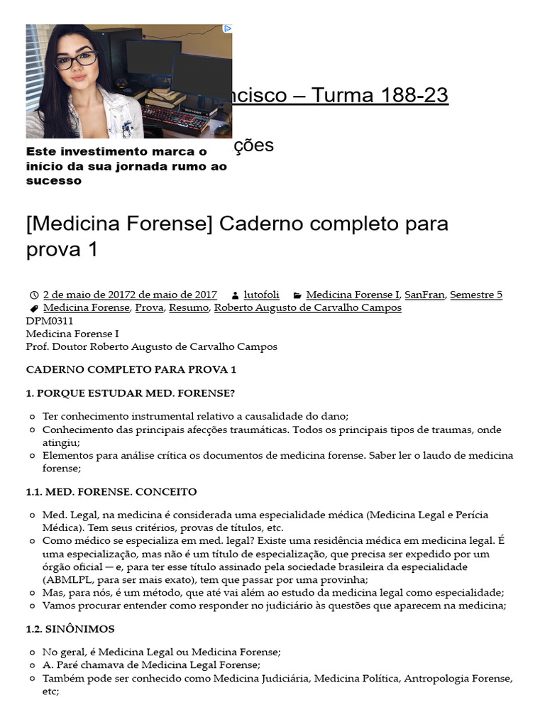 [Medicina Forense] Caderno completo para prova 1 _ USP Direito São Francisco - Turma 188-23 ...