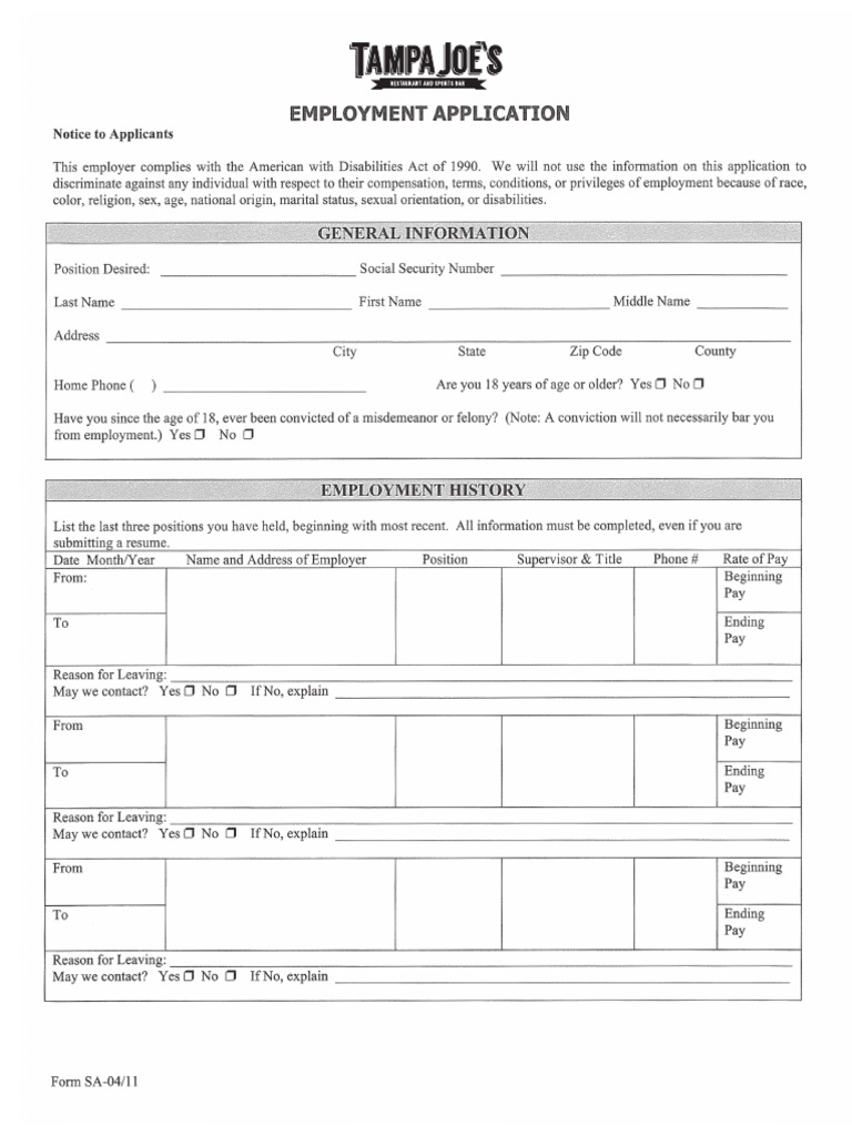 Tampa Joes Application PDF | PDF