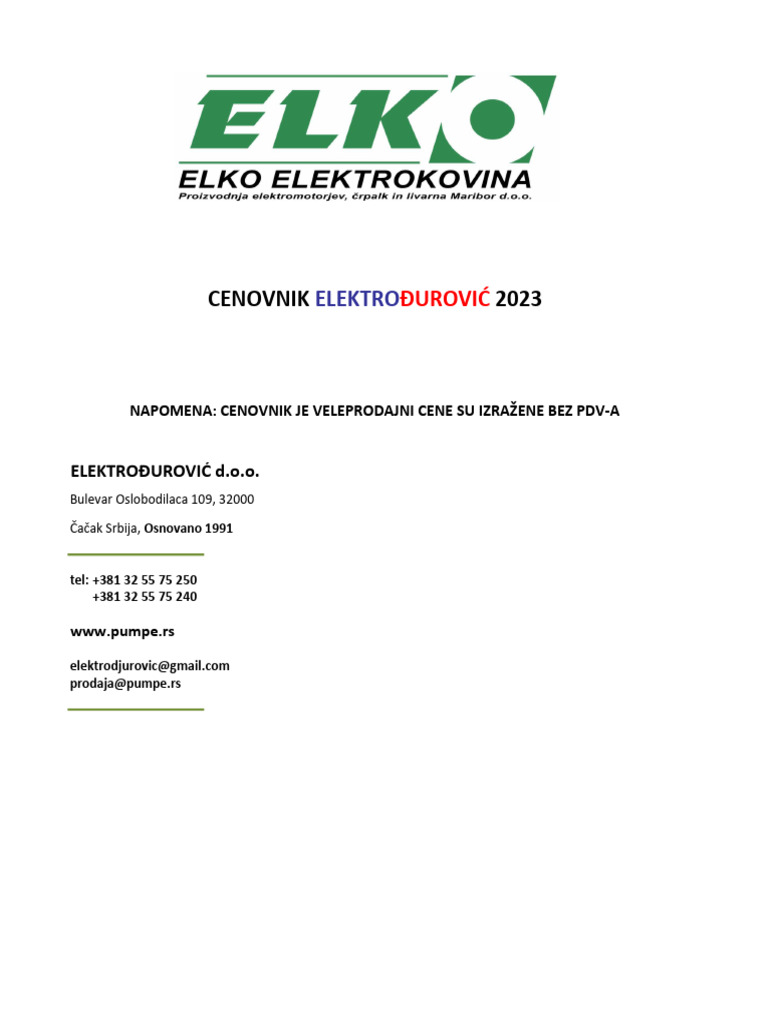 Cenovnik Elko Elektrokovina Elektrodjurovic 2023 | PDF
