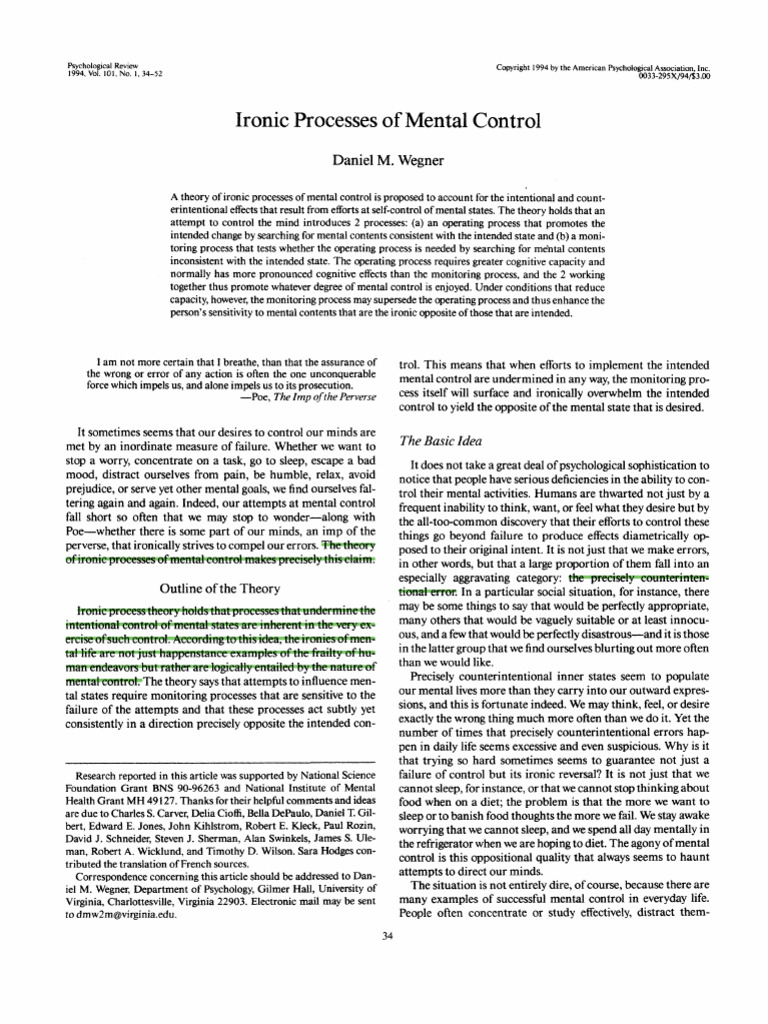 Ironic Processes of Mental Control: Daniel M. Wegner | PDF | Mind | Thought