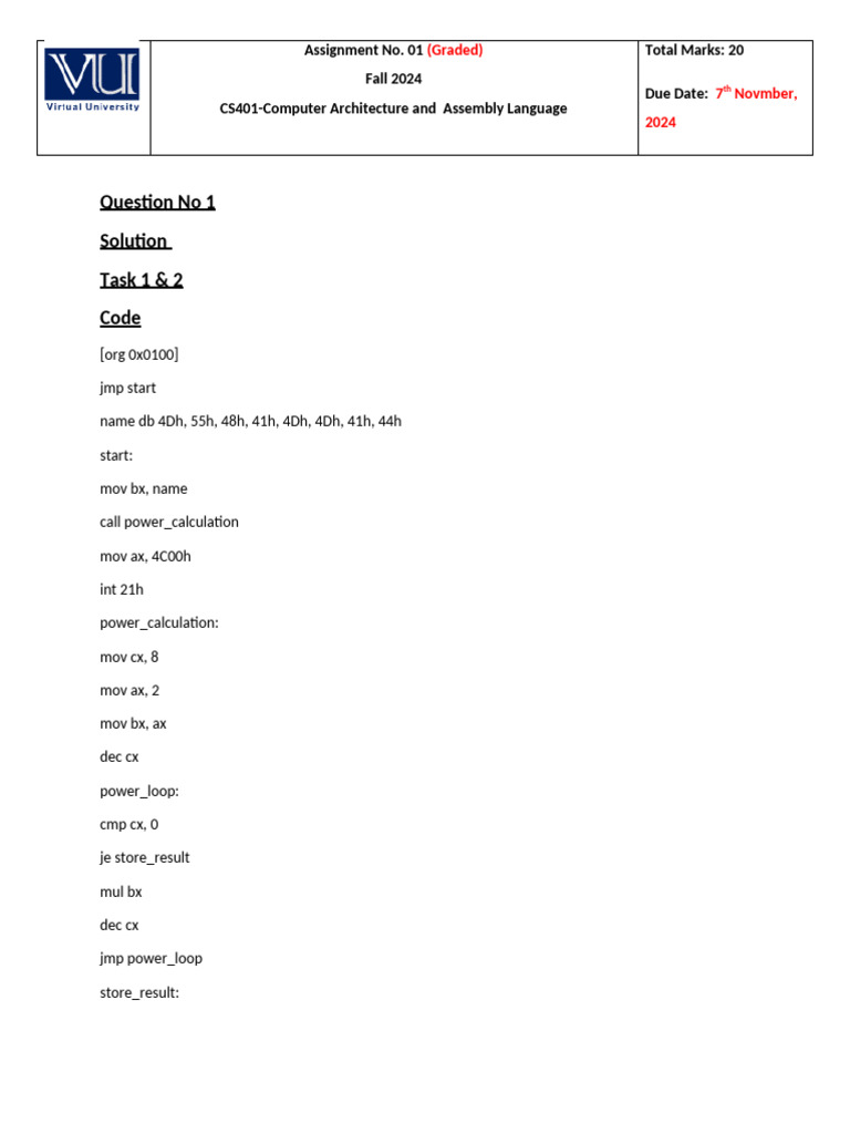 Assembly Language Power Calculation Code | PDF