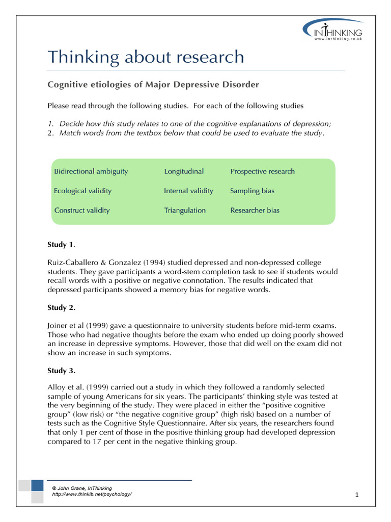 Cog Etiologies Research Worksheet 2 | PDF | Major Depressive Disorder ...