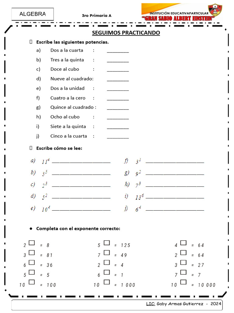 H. de A. Algebra - 3ro A Primaria | PDF