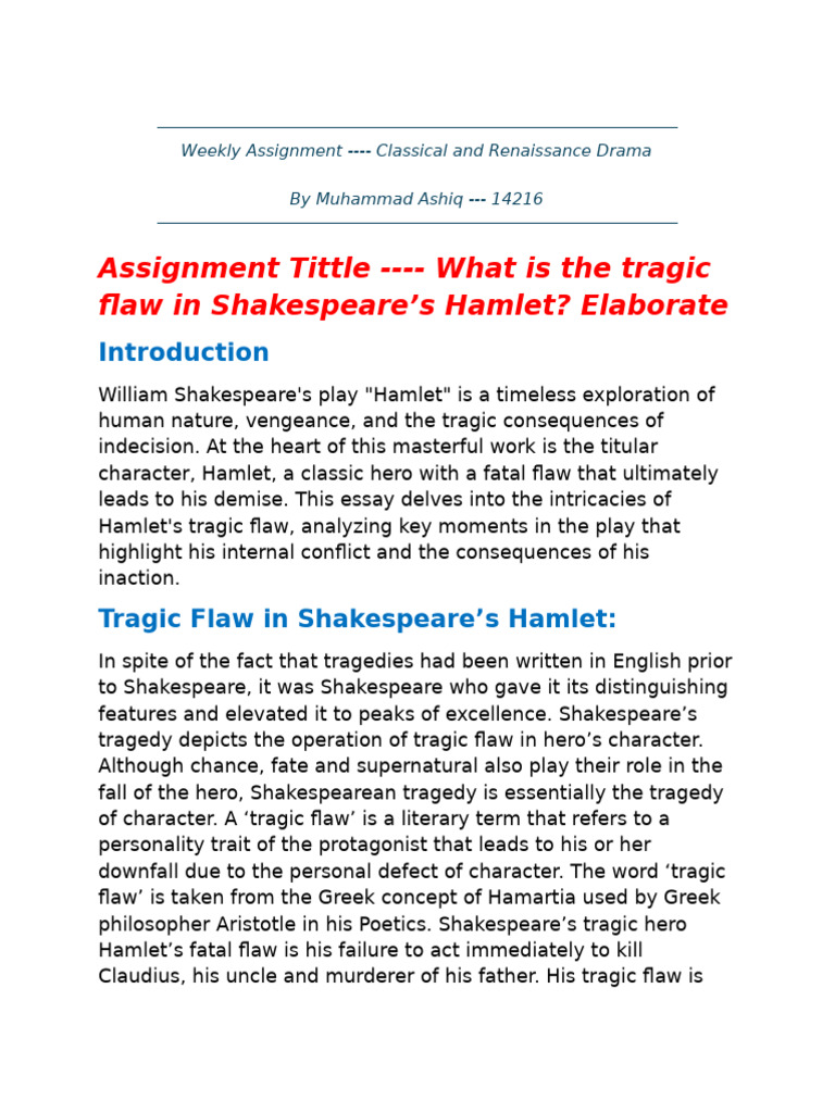 Weekly Assignment Tragic Flaw in Shakespeare's Hamlet | PDF | Tragedy ...