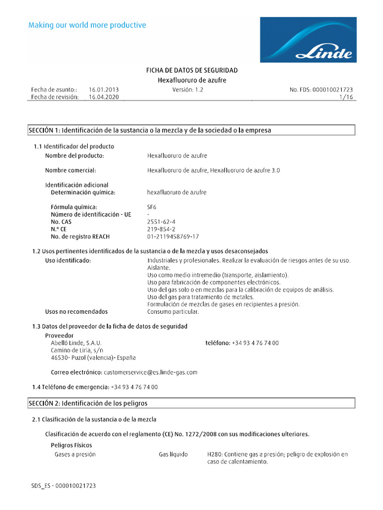 Hexafloruro SF6 LINDE | PDF