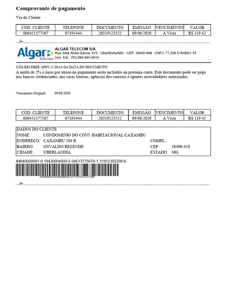 Comprovante de Pagamento Algar | PDF